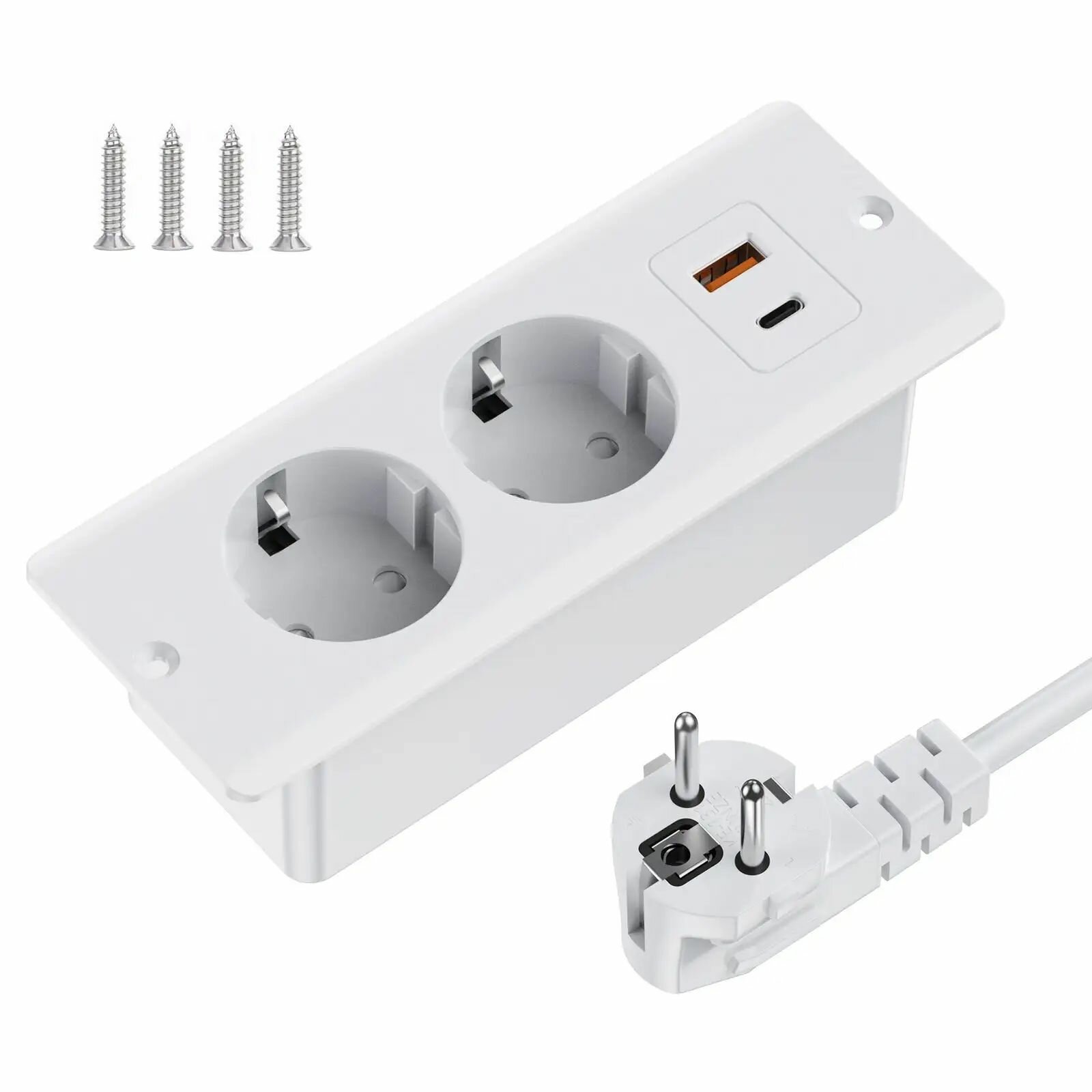 Встраиваемый удлинитель с 2 розетками и 1 USB + 1 Type-C (быстрая зарядка), встроенный монтаж, защита от перегрузки, 4000W 16A 240V, огнестойкий, кабель 2 м