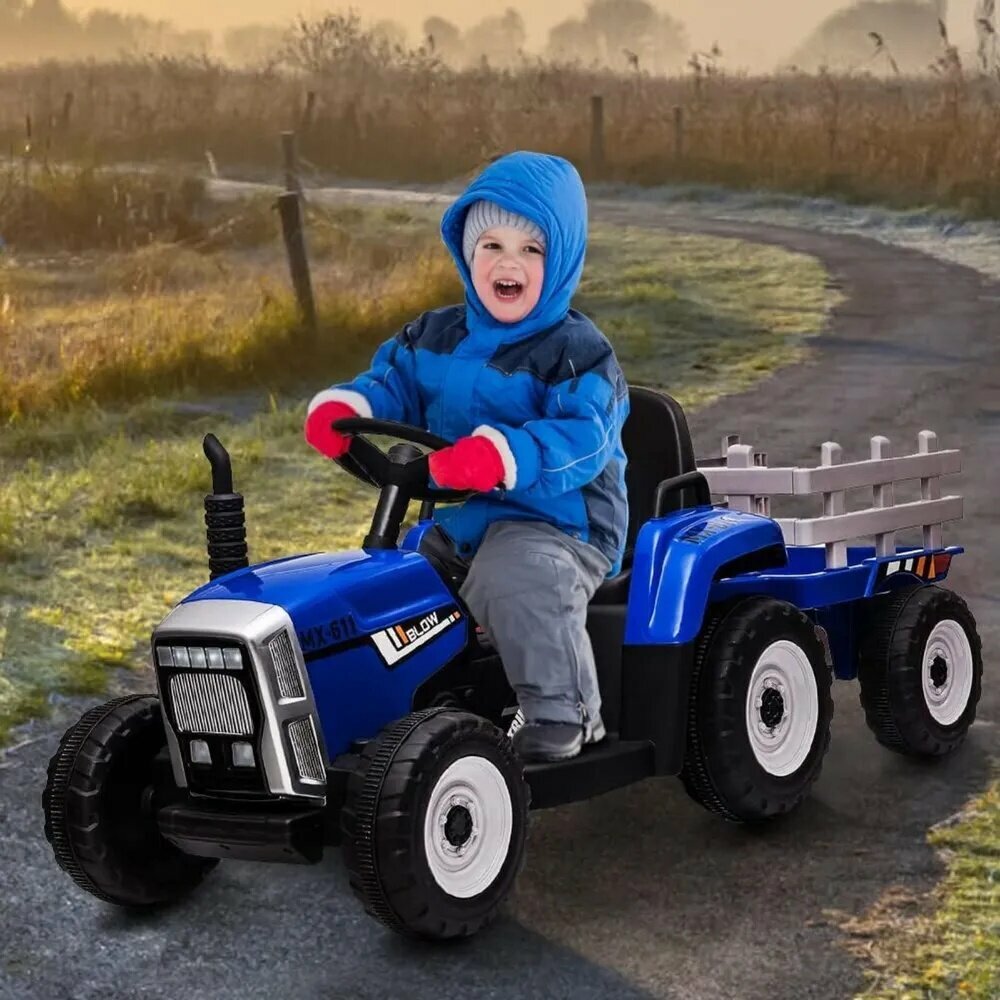 Детский электрический шестиколесный трактор с прицепом, двухмоторный привод, пульт ДУ/самостоятельное вождение, раннее развитие, Bluetooth музыка, LED фары, широкое сиденье.