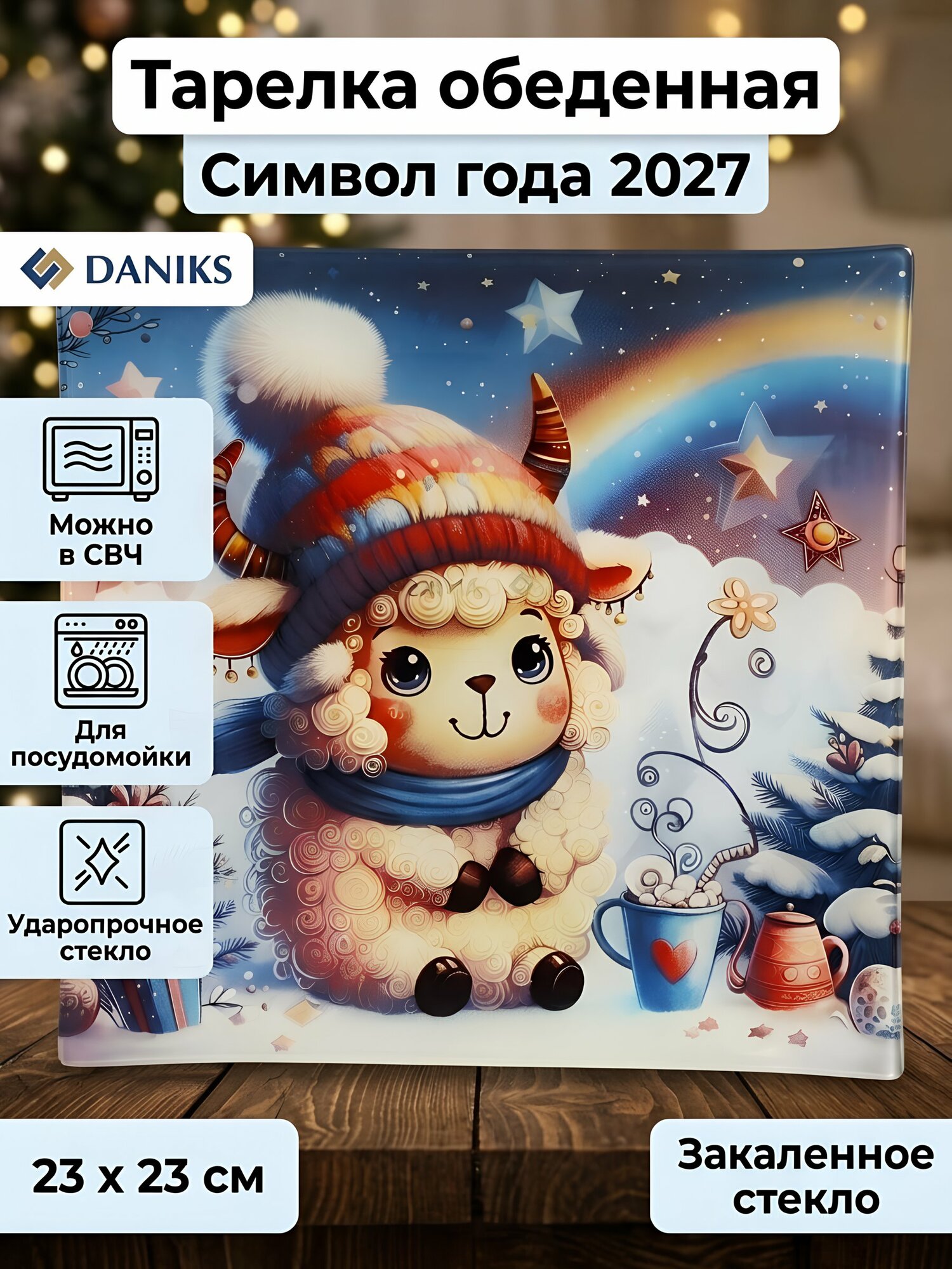 Тарелка обеденная Daniks Символ года 2027 Радужная Овечка стеклянная квадратная 23х23 см