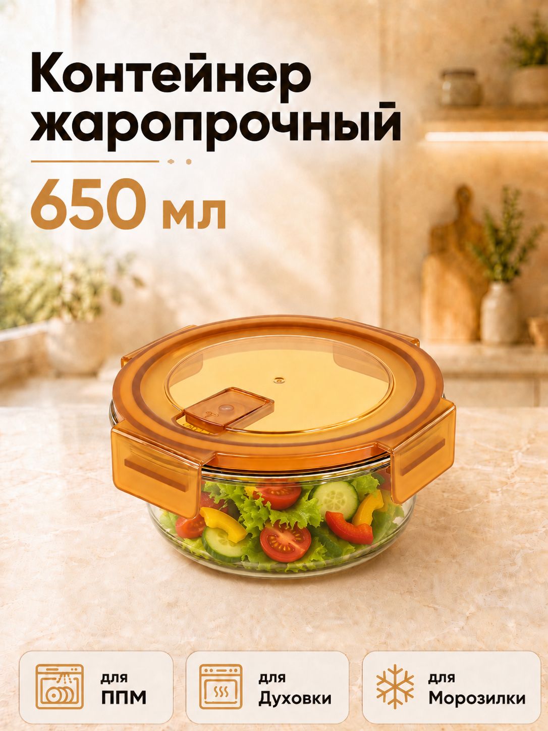 Контейнер стеклянный для еды с крышкой,650 мл