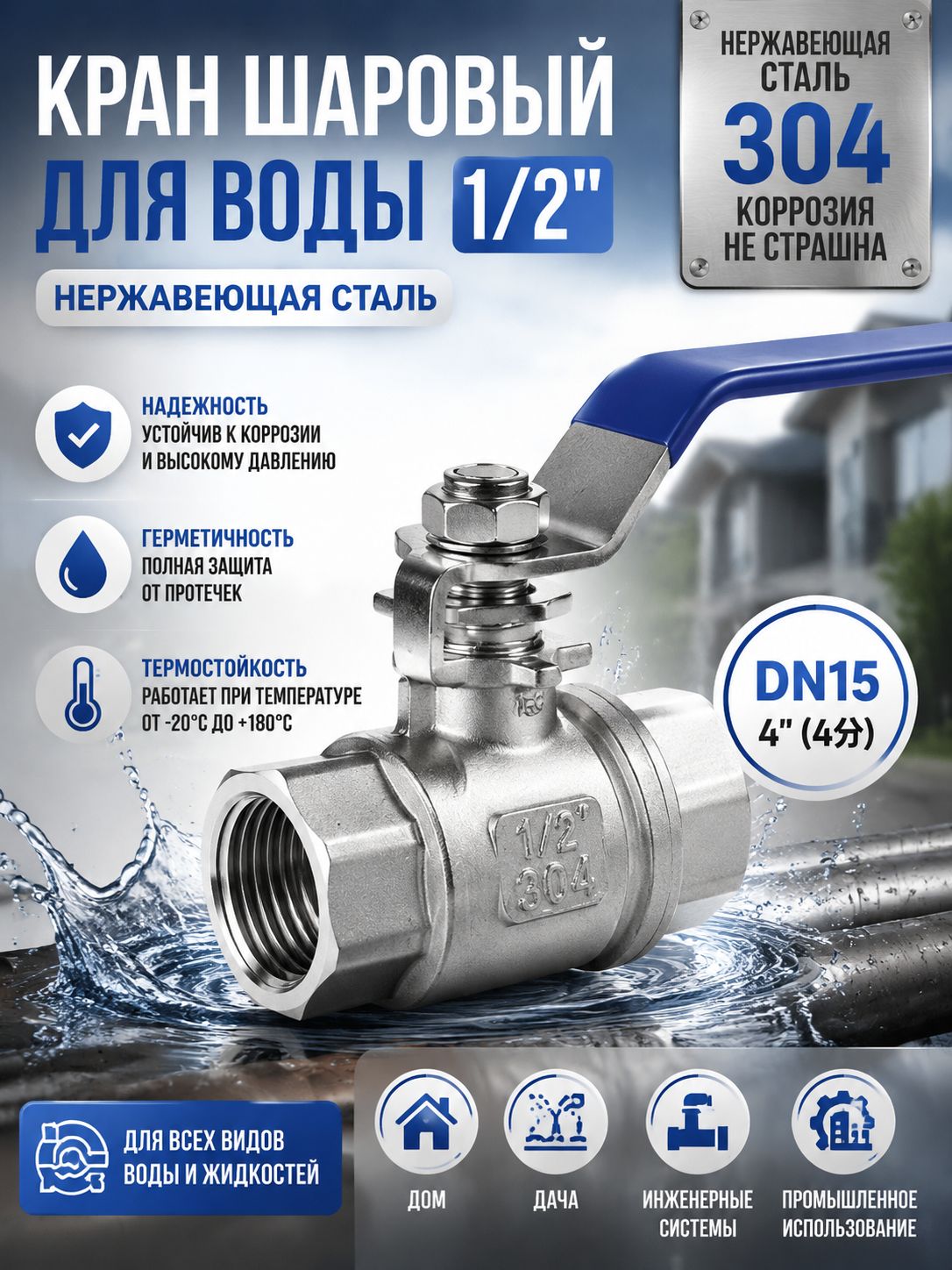 Кран шаровый для воды 1/2" ВВ нержавейка (нержавеющая сталь)