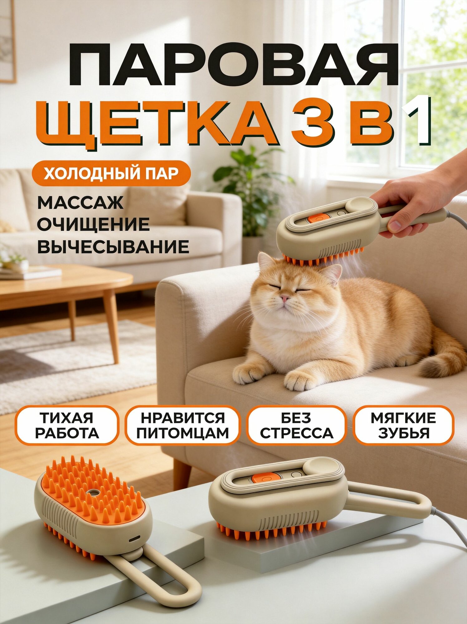 Паровая щетка 3 в 1 для кошек и собак пуходерка с холодным паром, массажная расческа для животных, вычесывание подшерстка без стресса