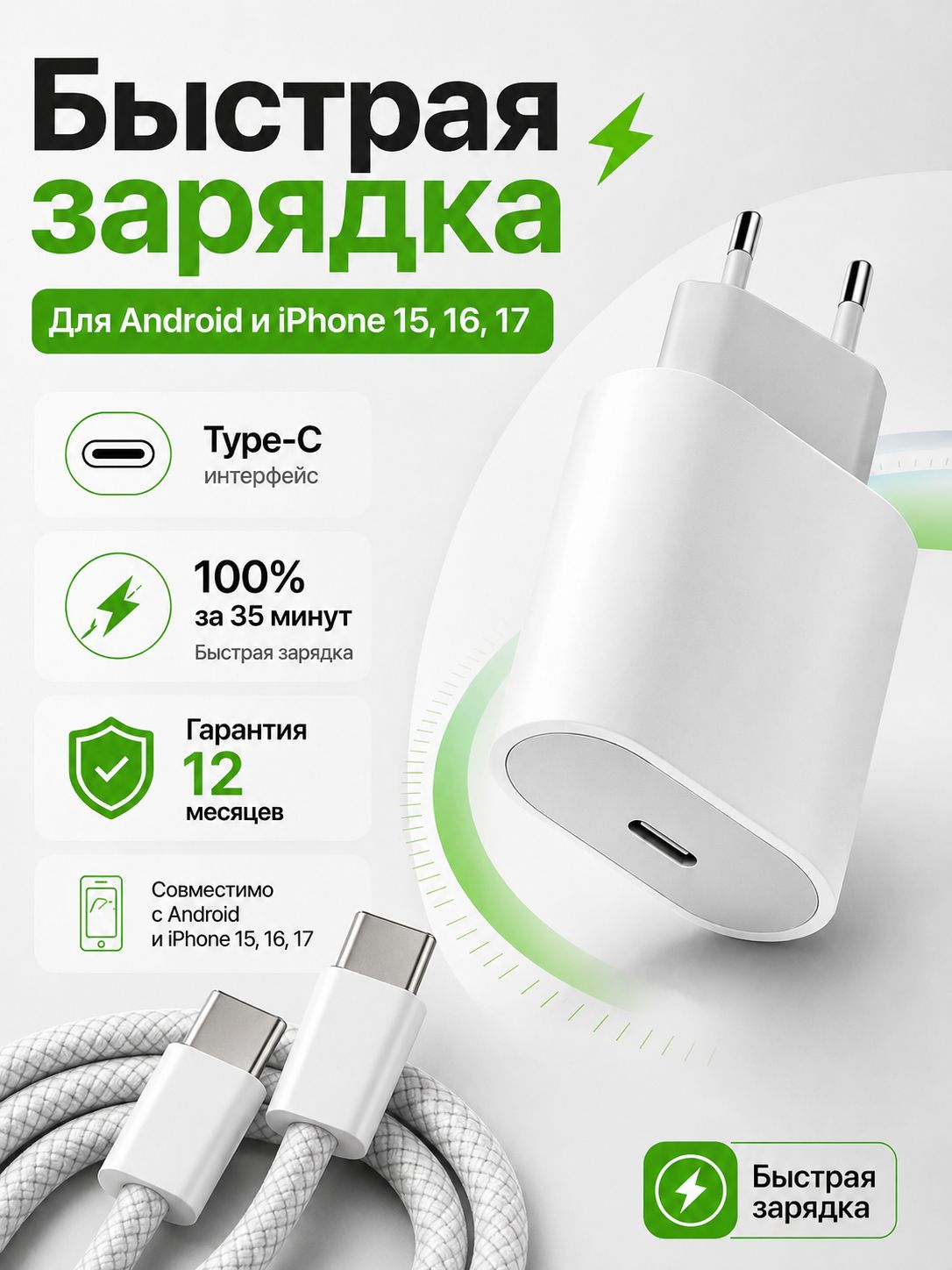 Зарядка для iPhone. Быстрое зарядное устройство на айфон USB C, 25W
