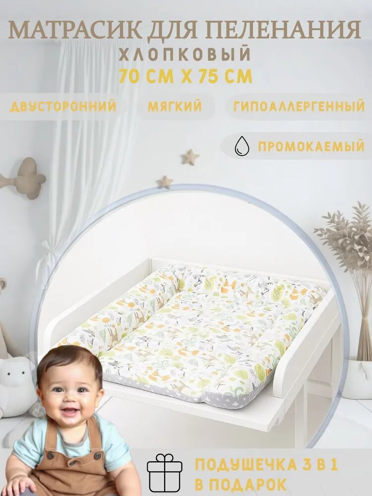Матрас пеленальный для комода двухсторонний хлопковый с бортиками 70х75, звездопад/зверята