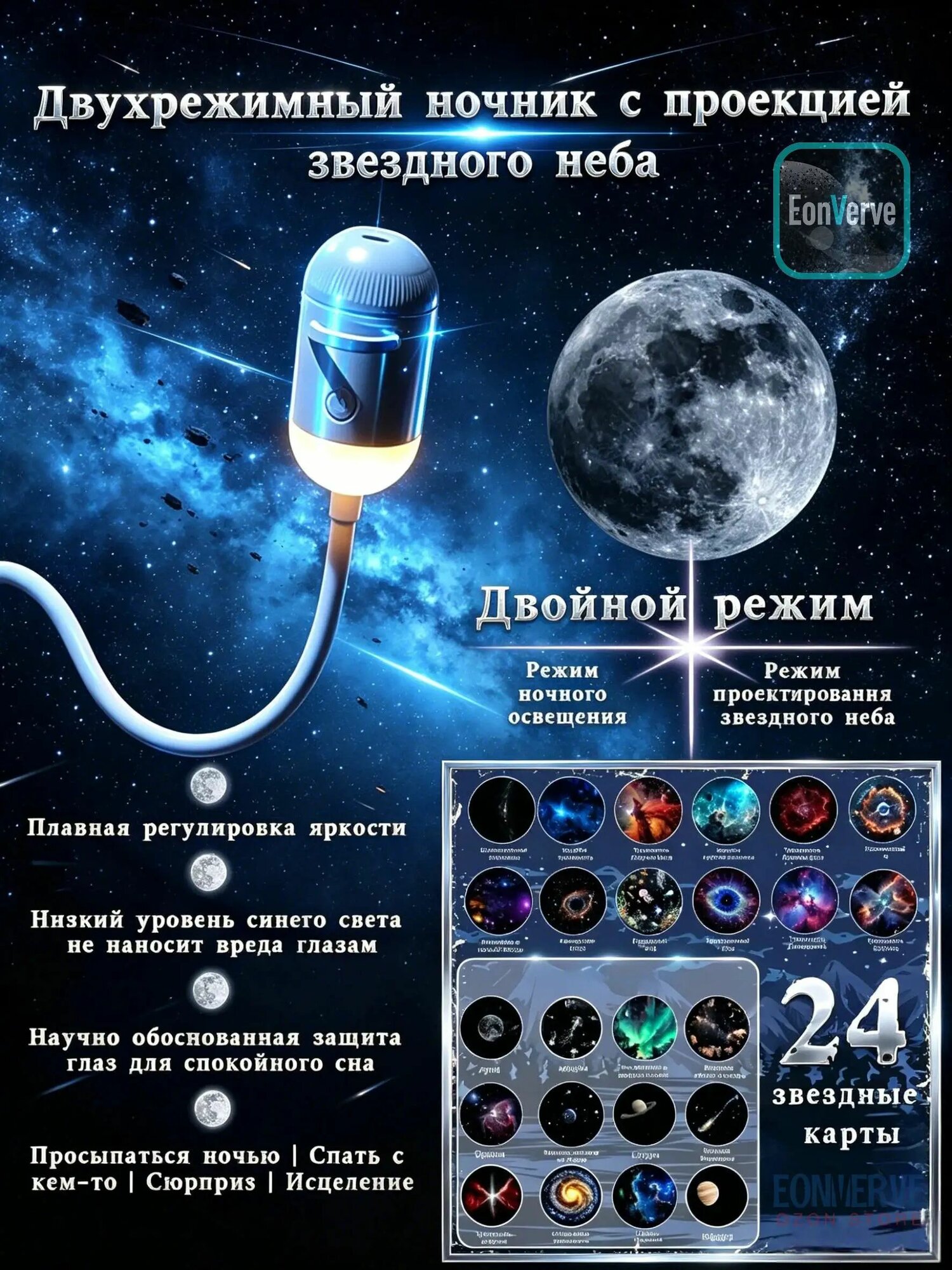 Ночник с проекцией звёздного неба, Мини-проектор , 24 слайда