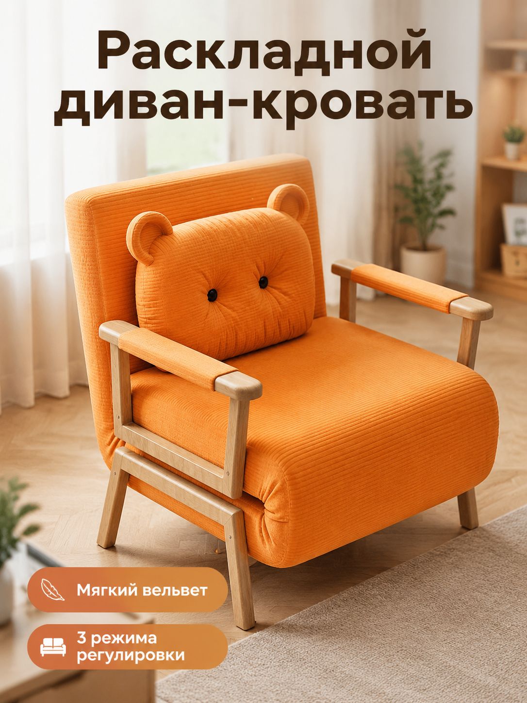 Складной диван-кровать с велюровым чехлом, 65 см, оранжевый, с подушкой-медвежонком