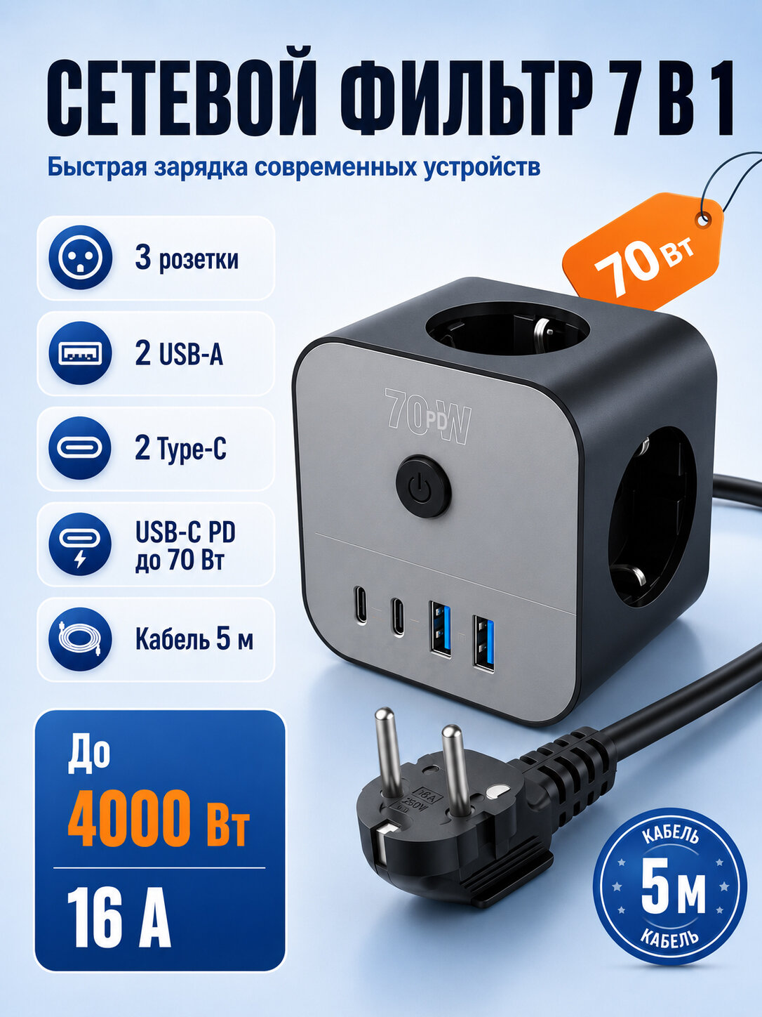 Сетевой фильтр, 7 розеток с 2 USB 2Type C, кабель 5м с предохранителем и заземление