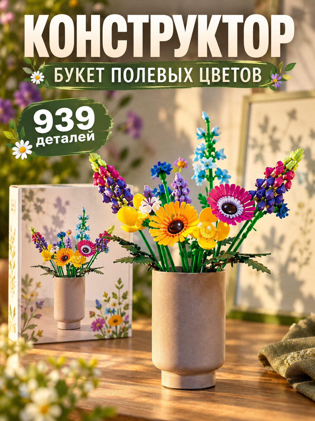 Конструктор Букет полевых цветов 939 деталей, совместим с Лего