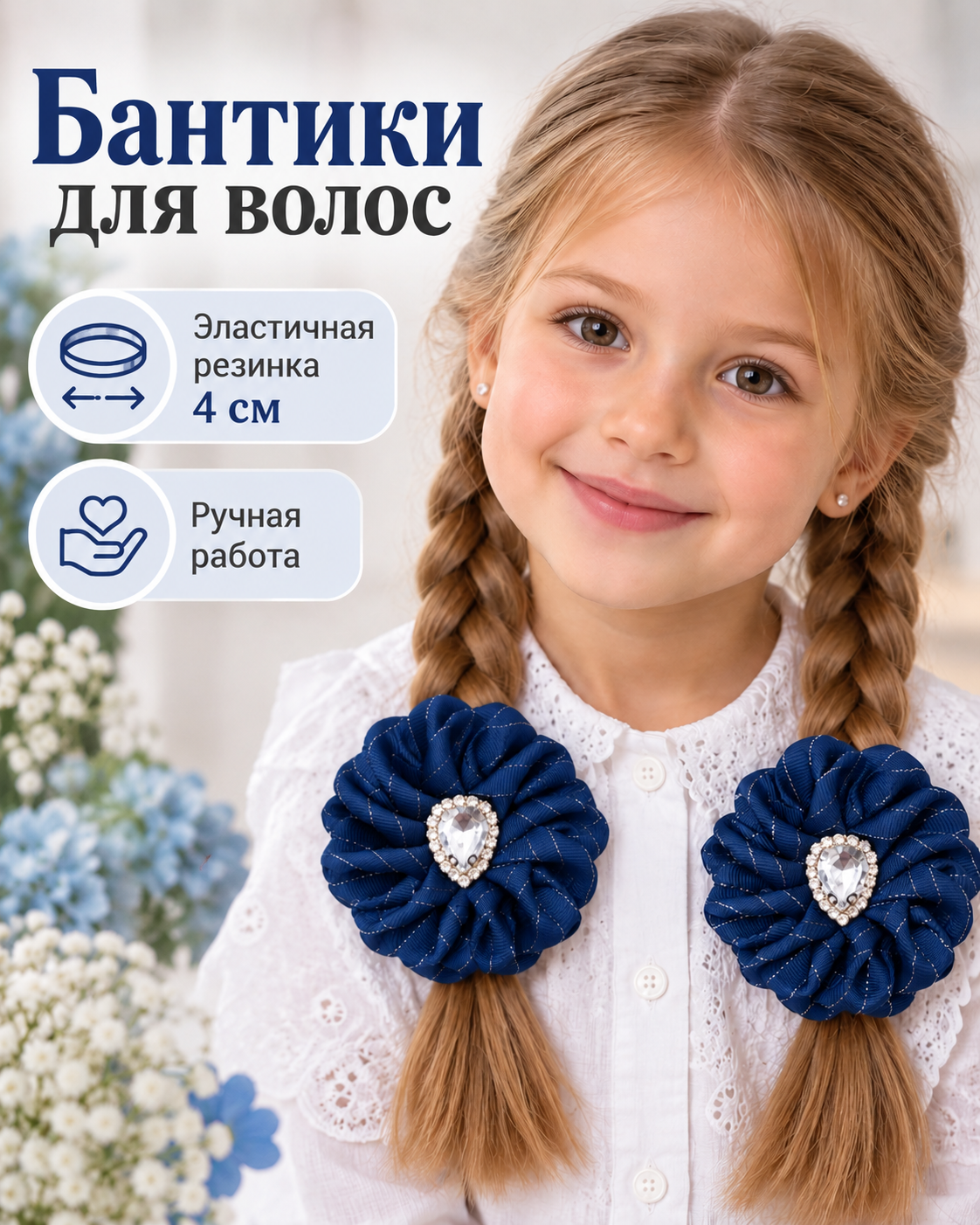 Резинки для волос с бантиками для девочки Арт и Дизайн, синие, 4 см, 2 шт.
