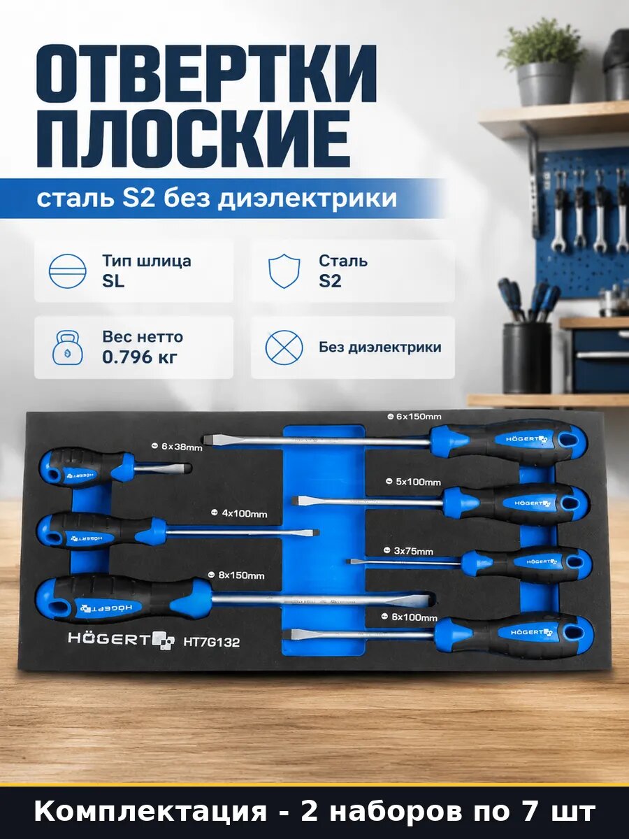 Набор отверток плоских 7 шт прямой рукоятью черный синий 2х7