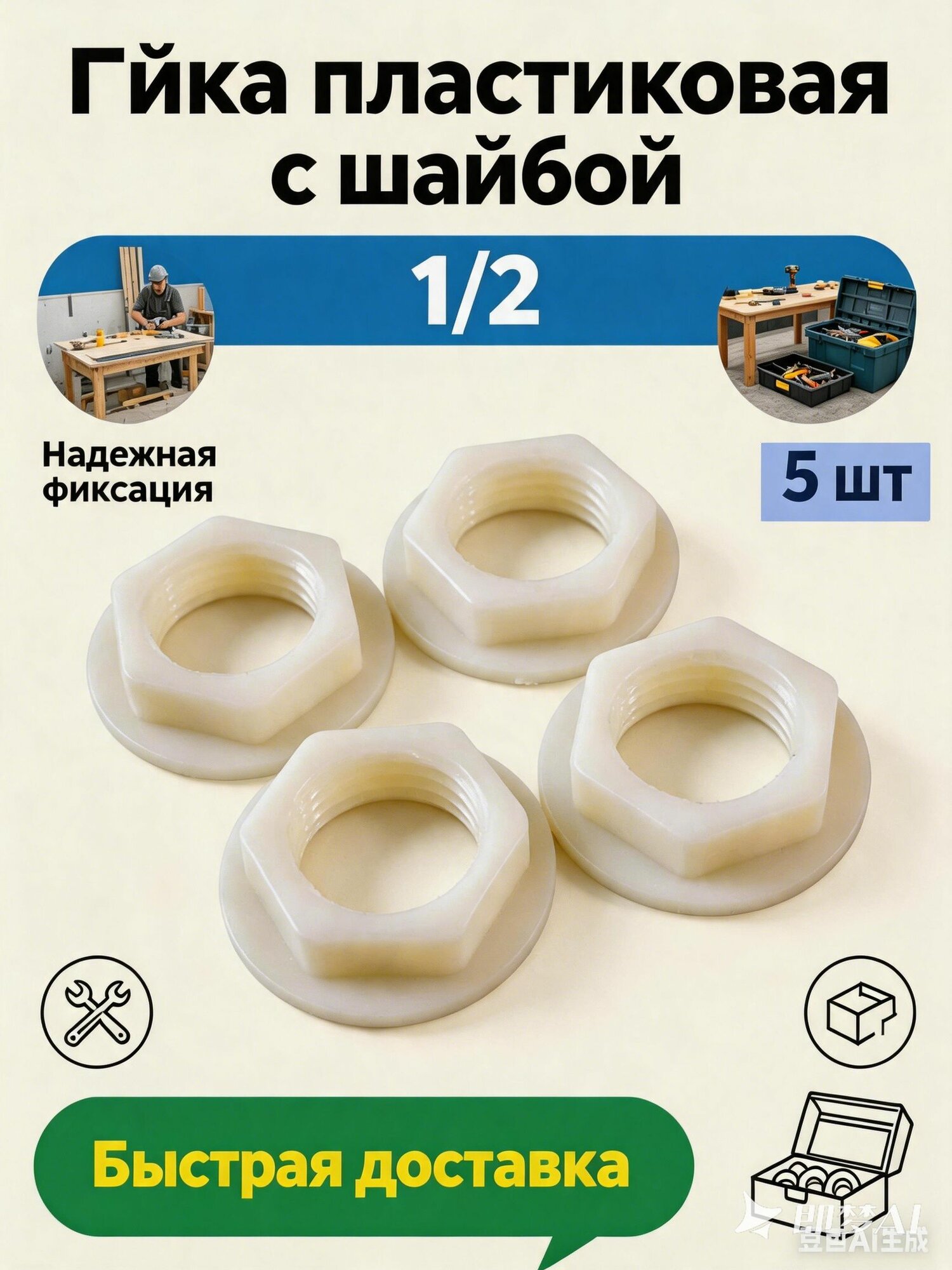 Гайка пластиковая сантехническая с шайбой 1/2 (5 шт.)