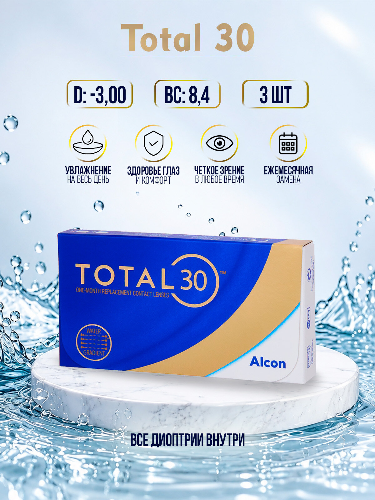 Мягкие контактные линзы Alcon ежемесячные TOTAL30, 3pk -3,00