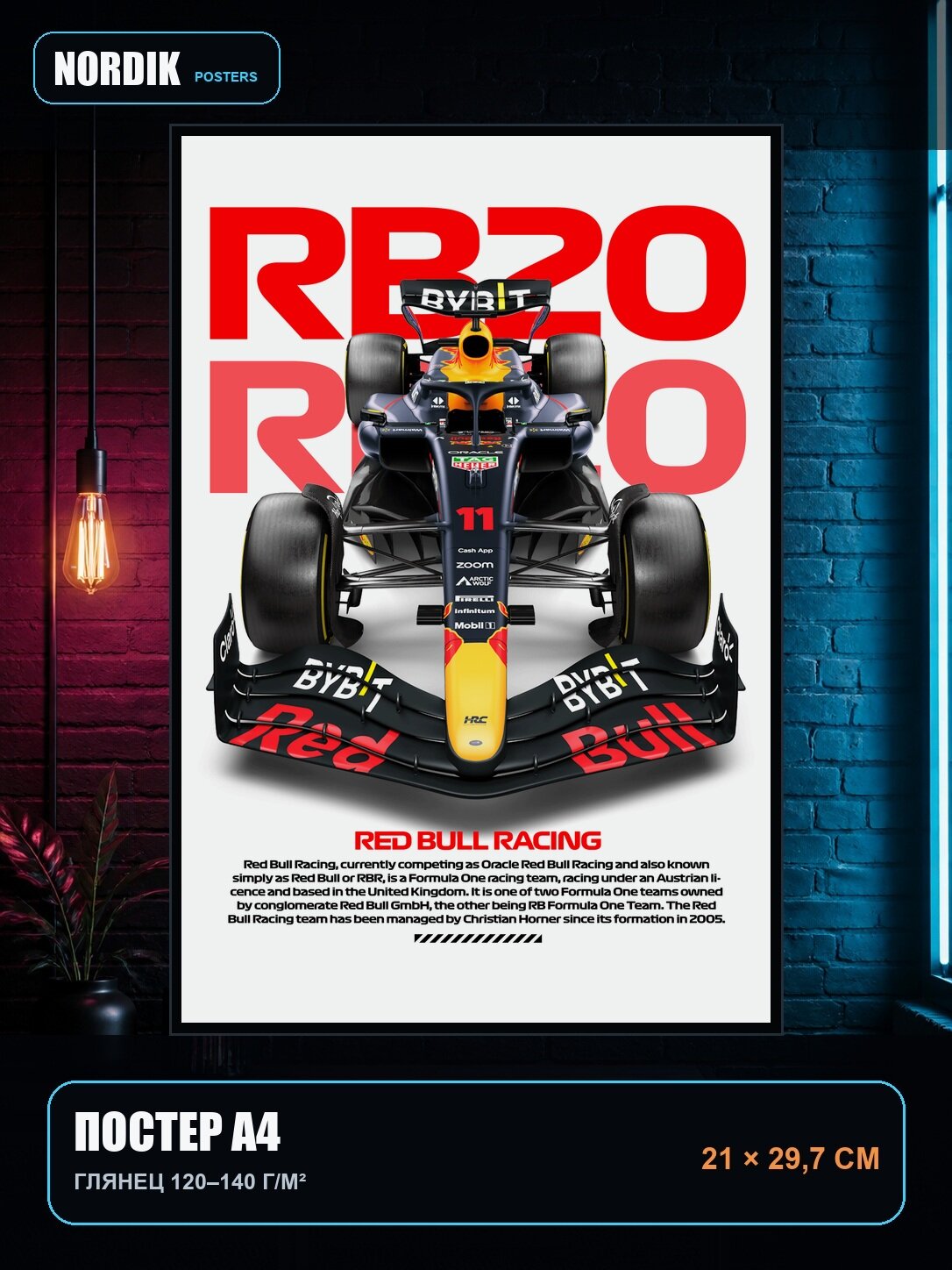 Постер Формула 1 Red Bull RB20 вид спереди A4