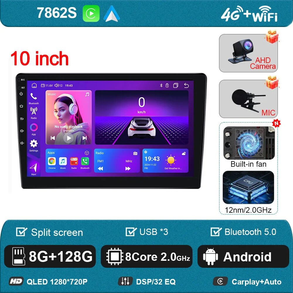 Автомагнитола FYT 7870 Android 14 Universal 9/10 дюймов, 2 DIN, 2K QLED, Carplay, Auto GPS, мультимедийный плеер, головное устройство, Wi-Fi, 4G, 360