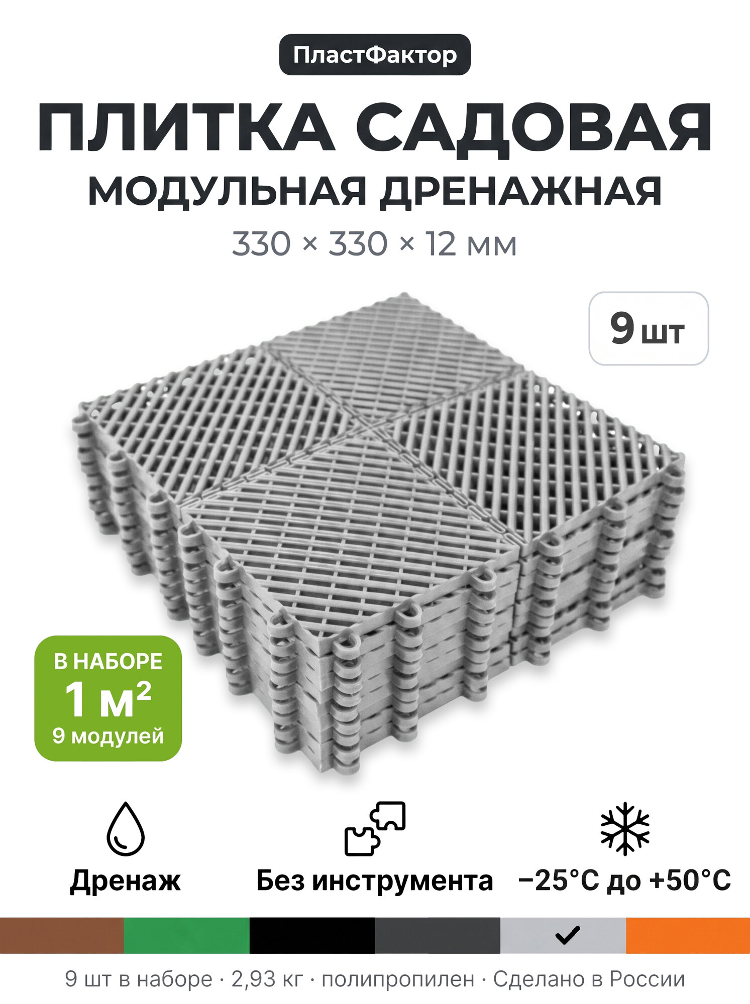 Плитка садовая модульная дренажная ПластФактор City (33*33*1,2 см; 9 шт; 1 м), светло-серый, RAL 7035