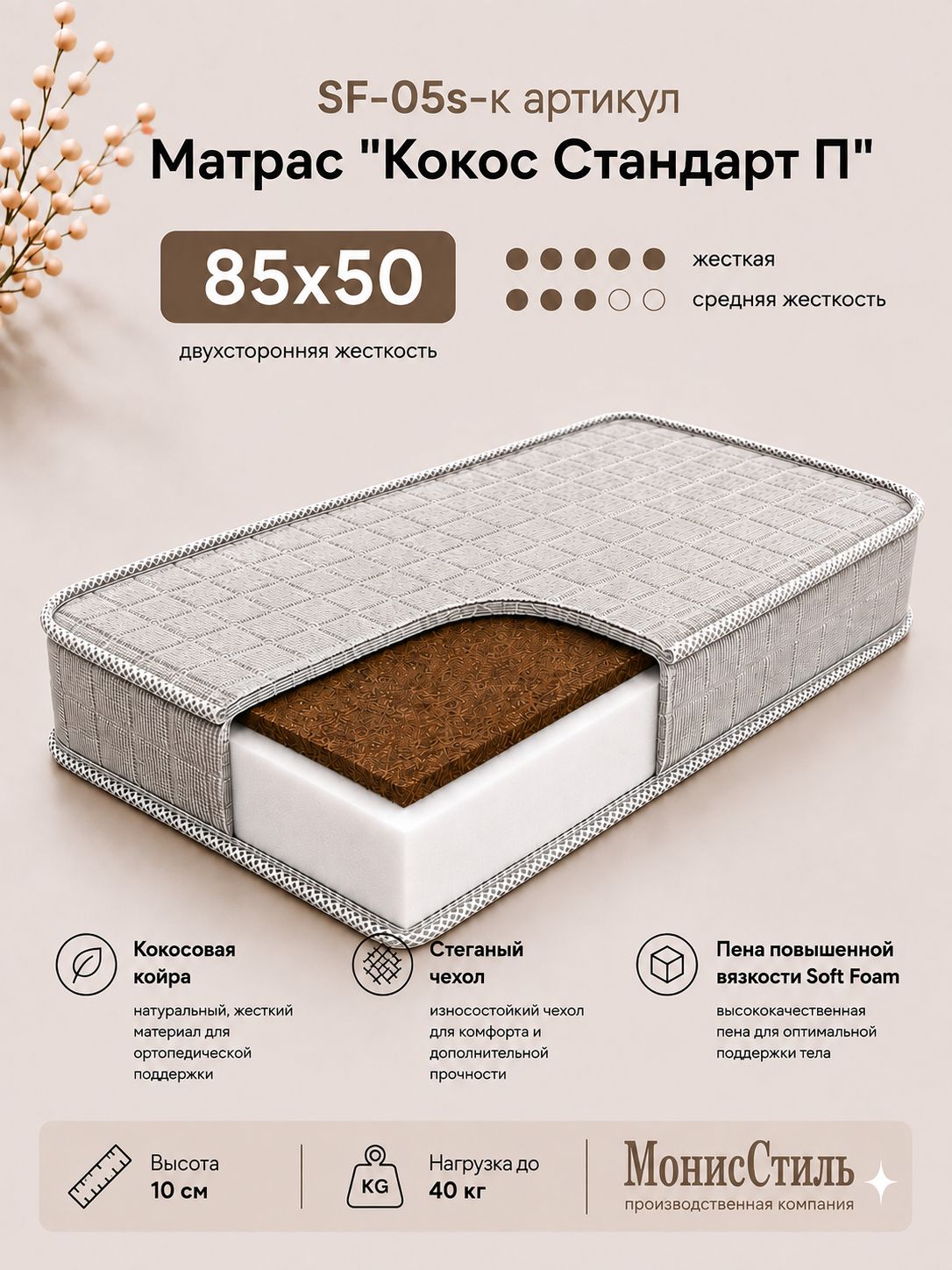 Матрас Кокос Стандарт 85*50*10 см арт. SF-05s-к