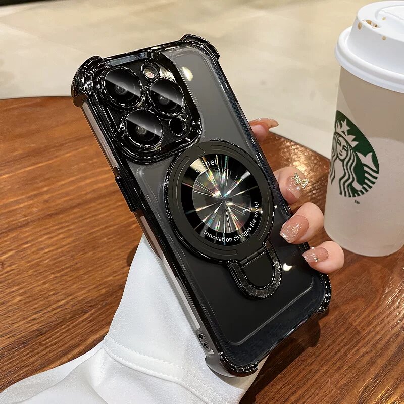 Чехол прозрачный из силикона для iPhone 15 Pro с магнитным креплением, защитой углов и складным магнитным штативом,