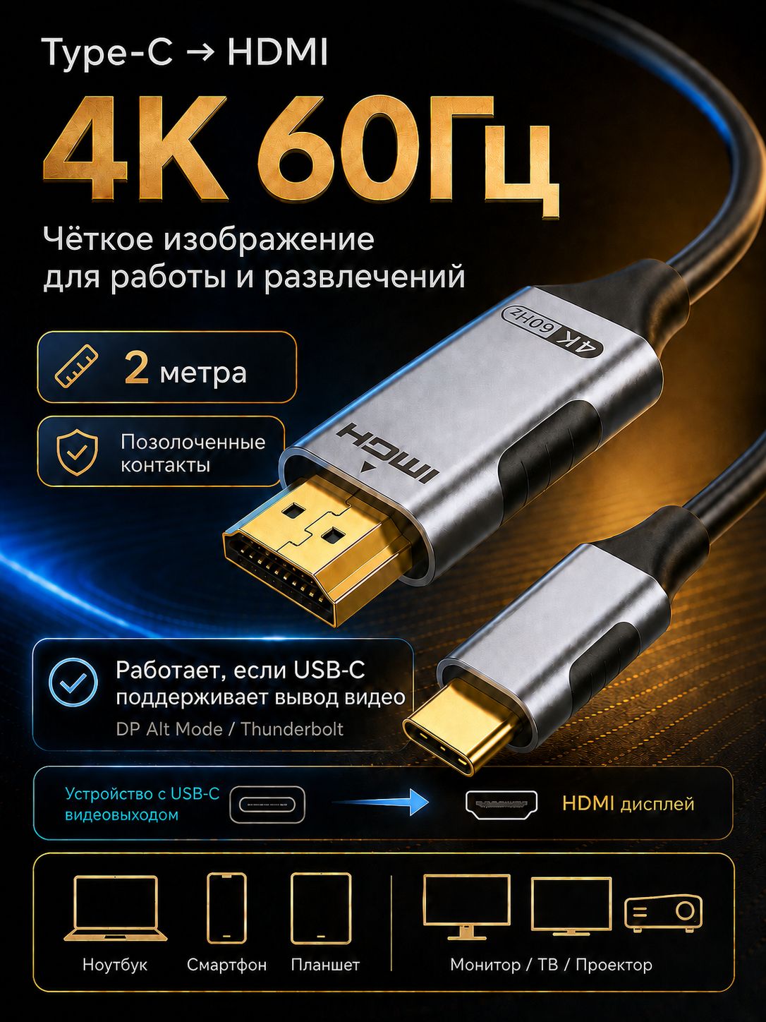 Кабель HDMI Type-C Ultra HD 4K, 60 Гц, 2 метра
