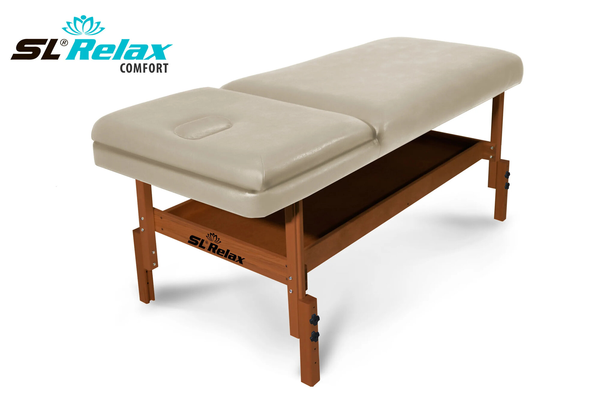Массажный стол SL Relax Comfort, стационарный двухсекционный, с регулируемым подголовником и полкой, 192 × 71 см, высота 70–85 см, до 150 кг, бежевая экокожа, светлые ножки из берёзы