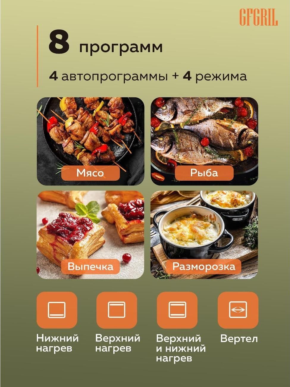 Многофункциональная мини-печь GFGRIL GFOO-7,63 л,2200Вт, эл. управление, конвекция, вертел, шашлычница — фото 1