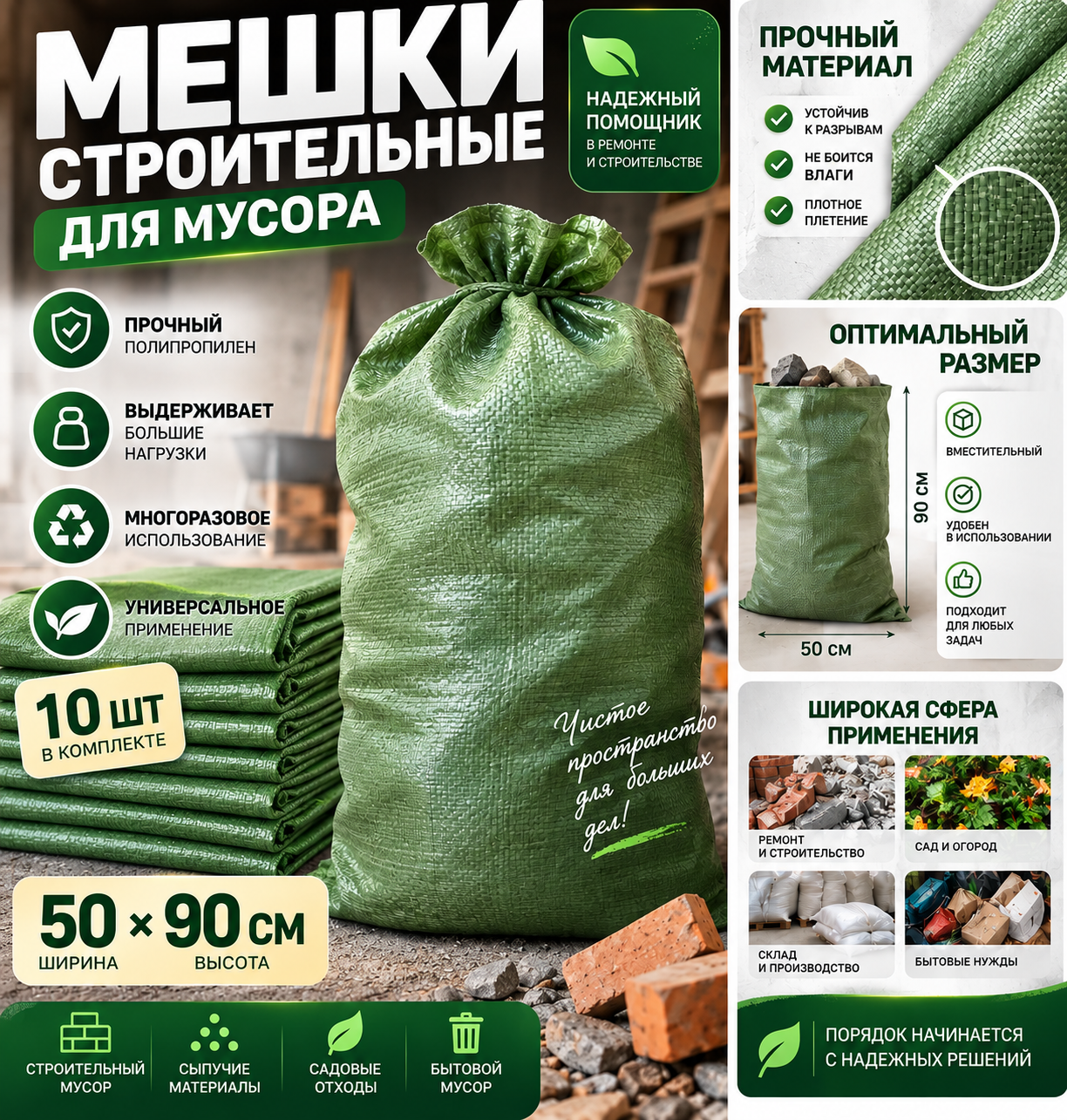 Мешки для мусора зеленые полипропиленовые строительные 50*90 см 10 шт.