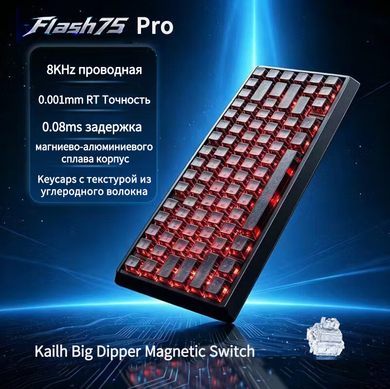 IPI Игровая клавиатура проводная FLash75 Pro Kailh Big Dipper Magnetic Switch, Английская раскладка, черный матовый, прозрачный