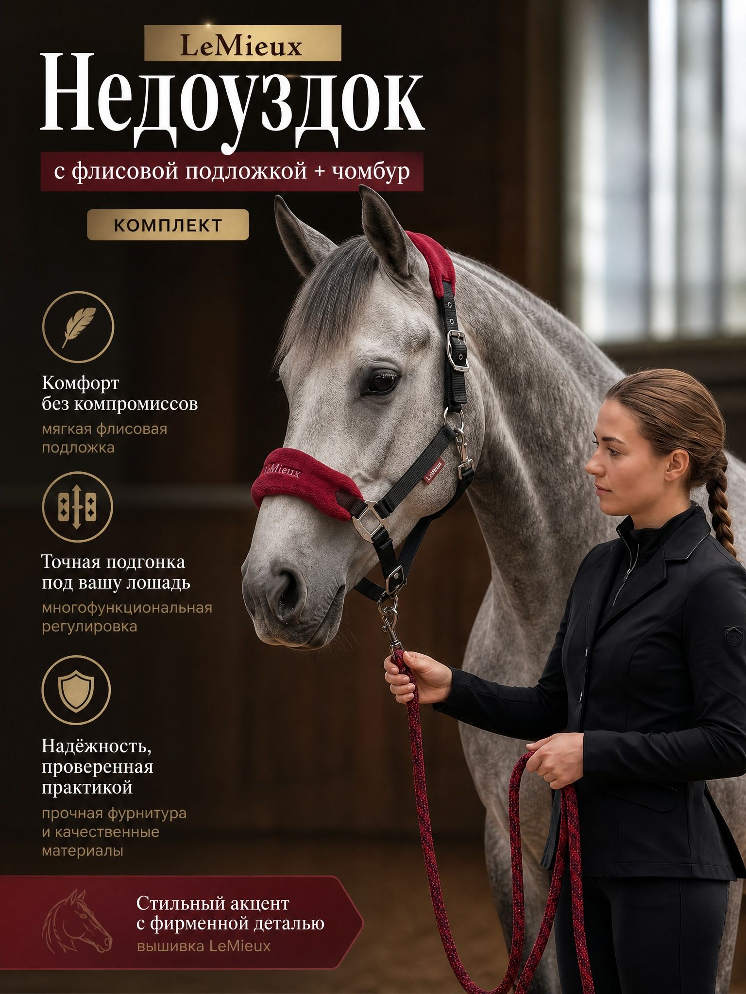 Недоуздок "LeMieux" с флисовой подложкой + чомбур (COB, Черный/Красный)