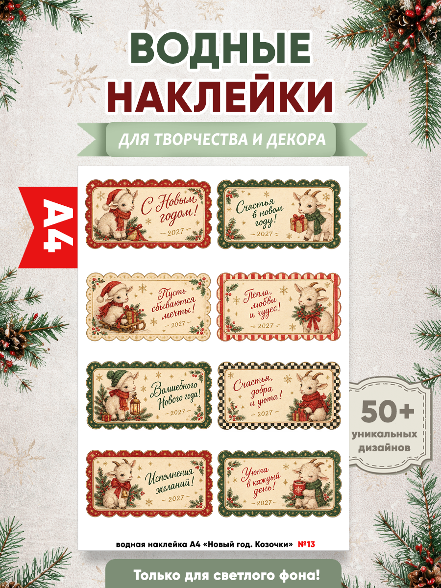 Водные наклейки для творчества и декора "Новый год козочки" №13 А4