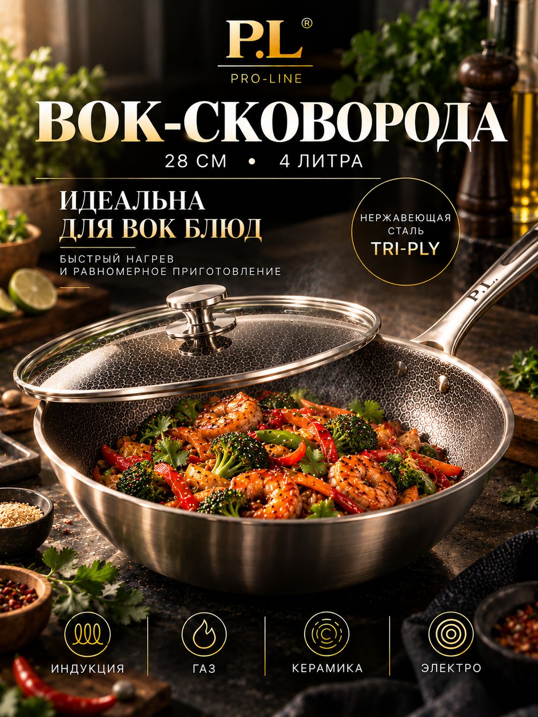 Сковорода вок антипригарная P.L. Proff Cuisine 28 см с крышкой, TRI-PLY, Honeycombs, нержавеющая сталь, для индукции, профессиональная