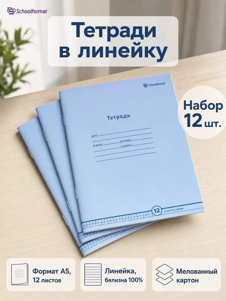 Тетрадь 12 л в клетку Schoolformat Нежно-Голубая, 12 шт