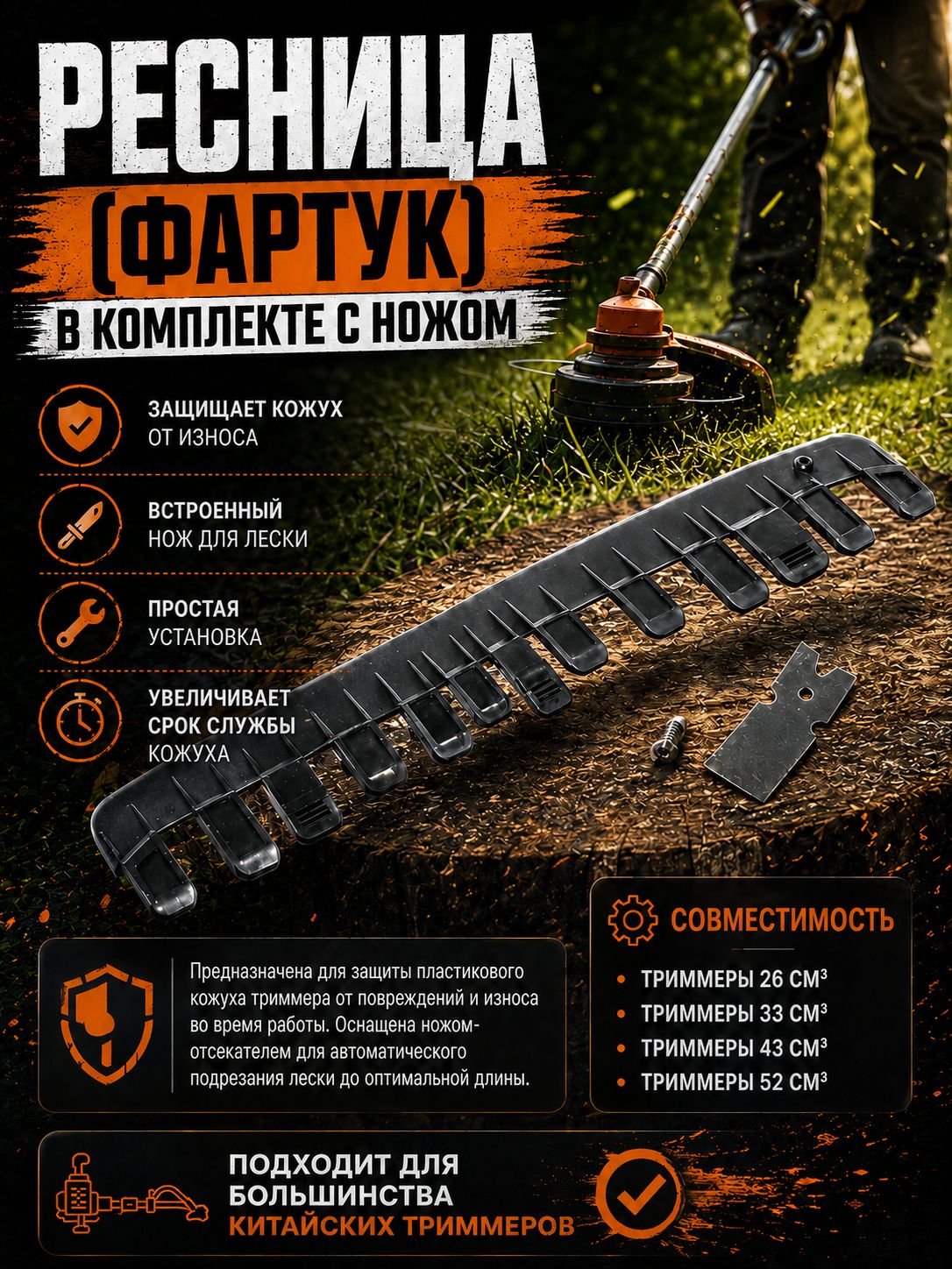 Ресницы (юбка, фартук) в комплекте с ножом (остекатель) для защитного кожуха бензокос, триммера 26-52 см3