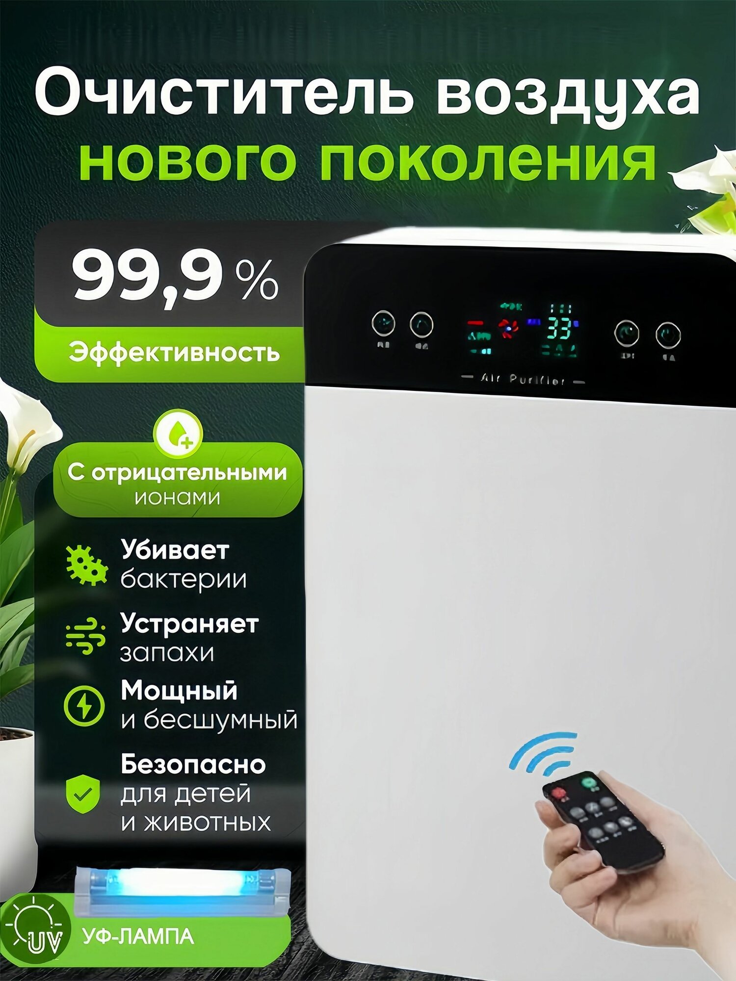 Очиститель воздуха для дома / Ионизатор от пыли / UV-очистка и ионизация/ HEPA фильтр с таймером Тихий режим, Удаляет шерсть, запахи и аллергены