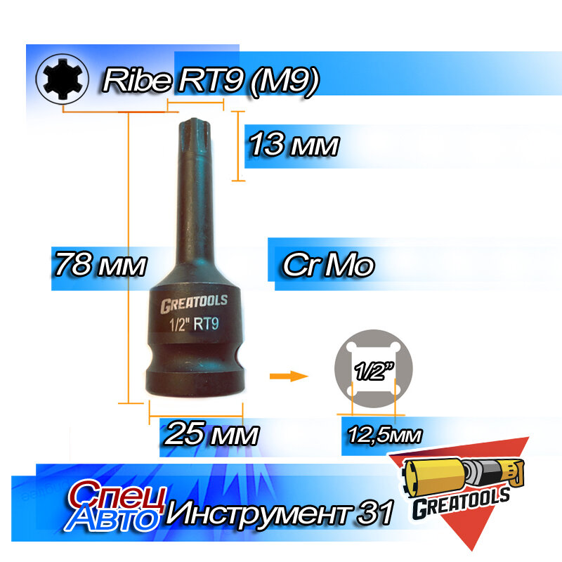 Бита-головка Ribe M9 (RT9, RM9) l-78мм ударная CrMo