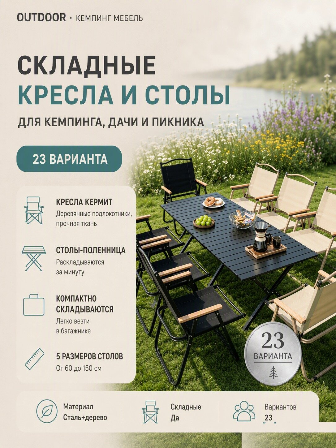 Складное кемпинговое кресло с деревянными подлокотниками, складное кресло Кермит — детский, хаки