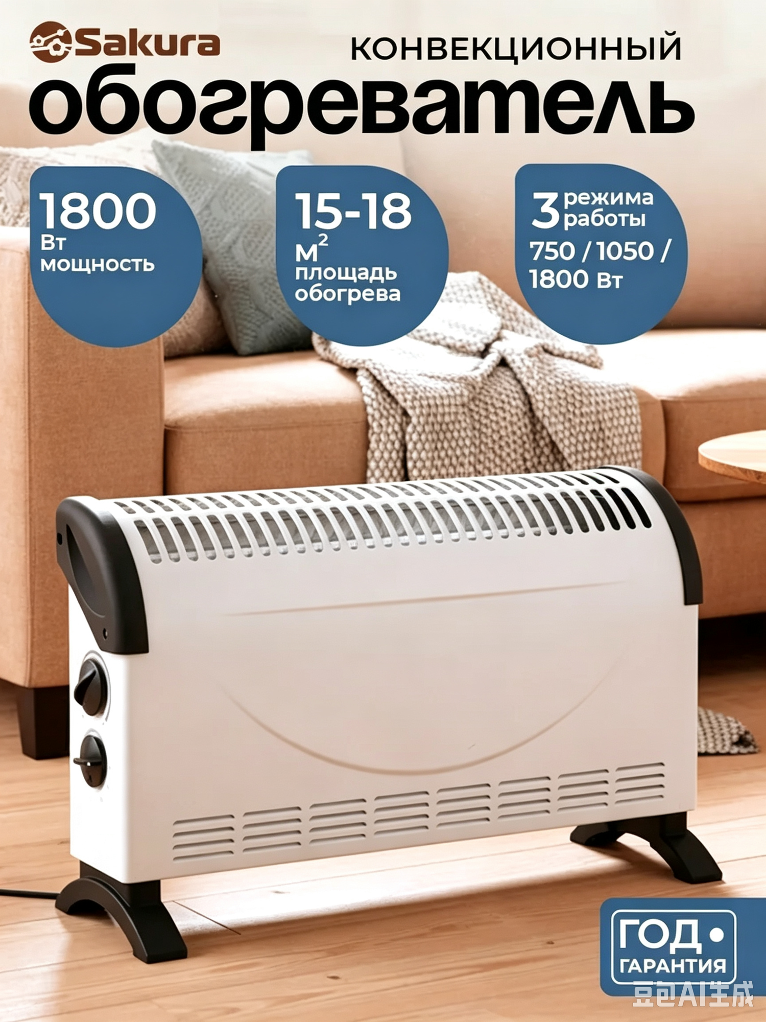 Обогреватель конвектор электрический Sakura SA-0653W 1800Вт напольный