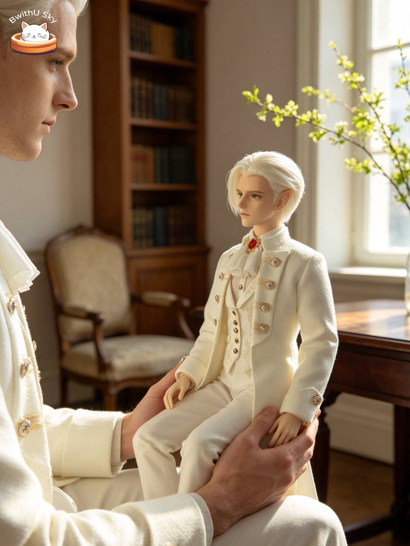 BwithUSky Pell 1/3 BJD кукла: элегантный эльф в белом фраке с золотой вышивкой. Белые волосы, утонченные черты лица, подвижные суставы. Коллекционная модель