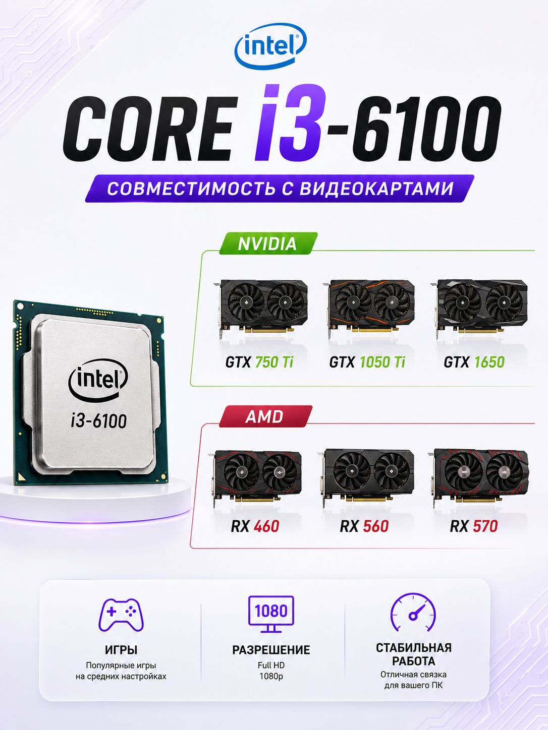 Процессор Intel Core i3-6100 OEM LGA1151, 2 ядра 4 потока, до 3.7 ГГц, Intel HD Graphics 530, DDR4/DDR3L, Skylake — фото 1