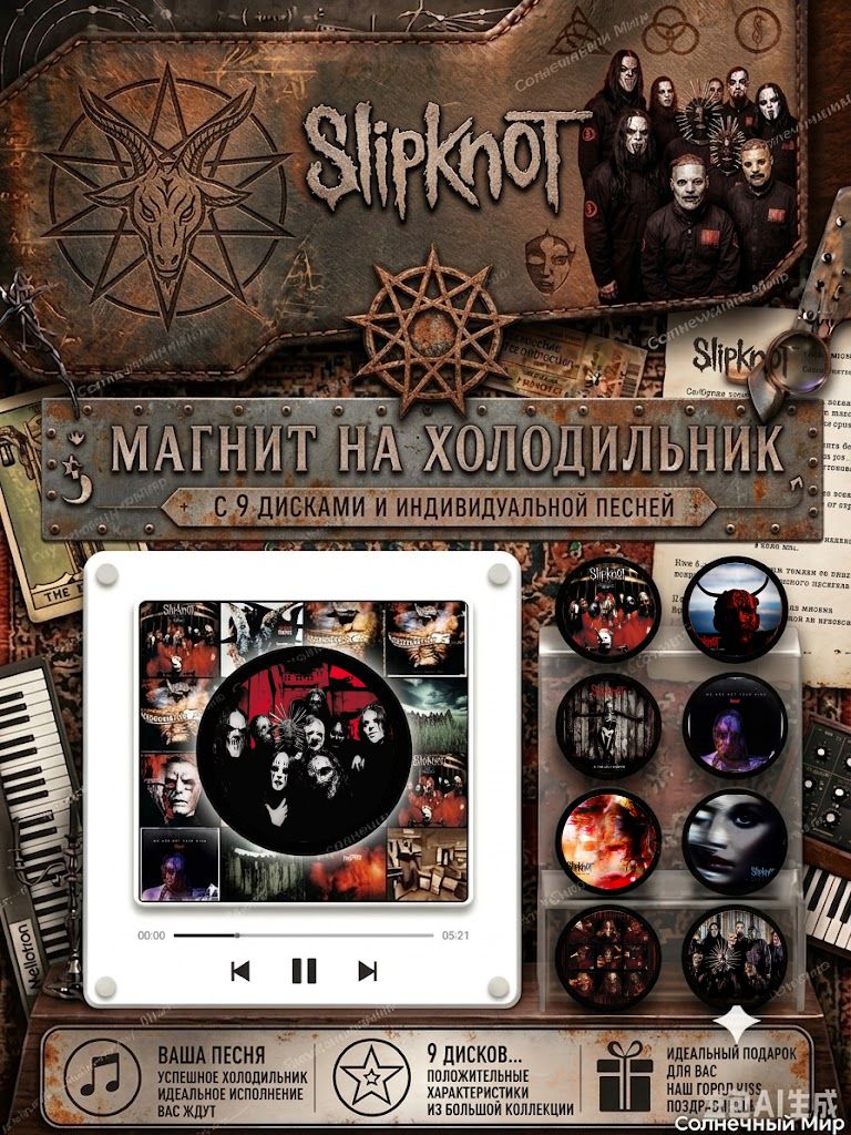 Slipknot Магнит на холодильник с 9 дисками и индивидуальной песней