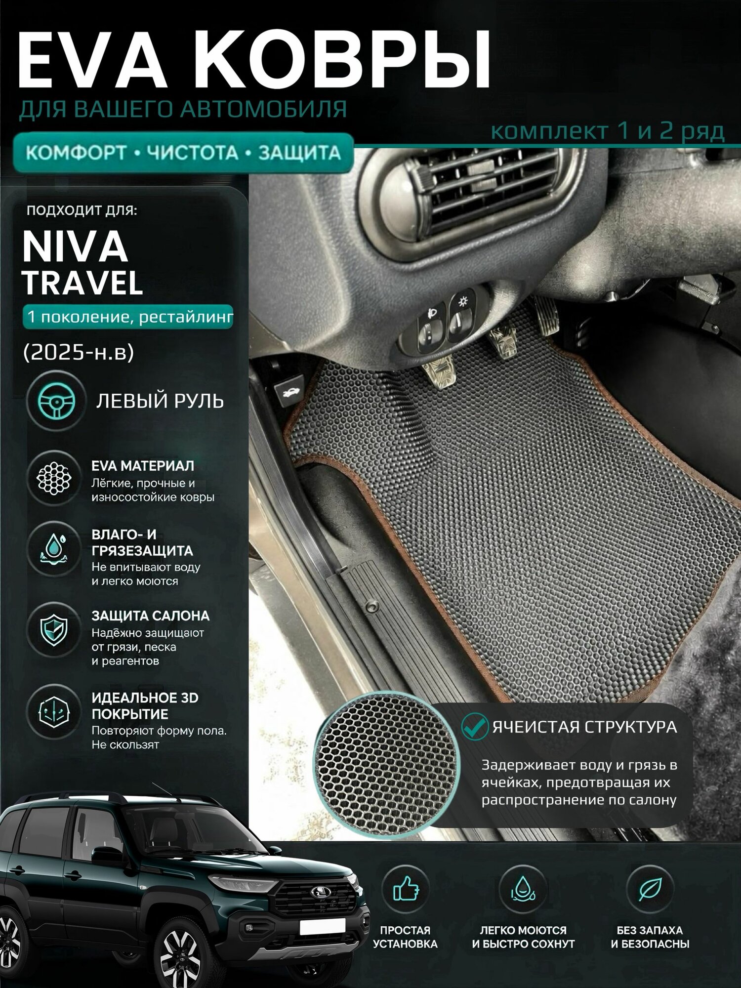 Eva ковры с бортами Niva Travel 1 поколение, рестайлинг (2025-н. в) Левый руль / Нива Тревел 3D Эва Ева