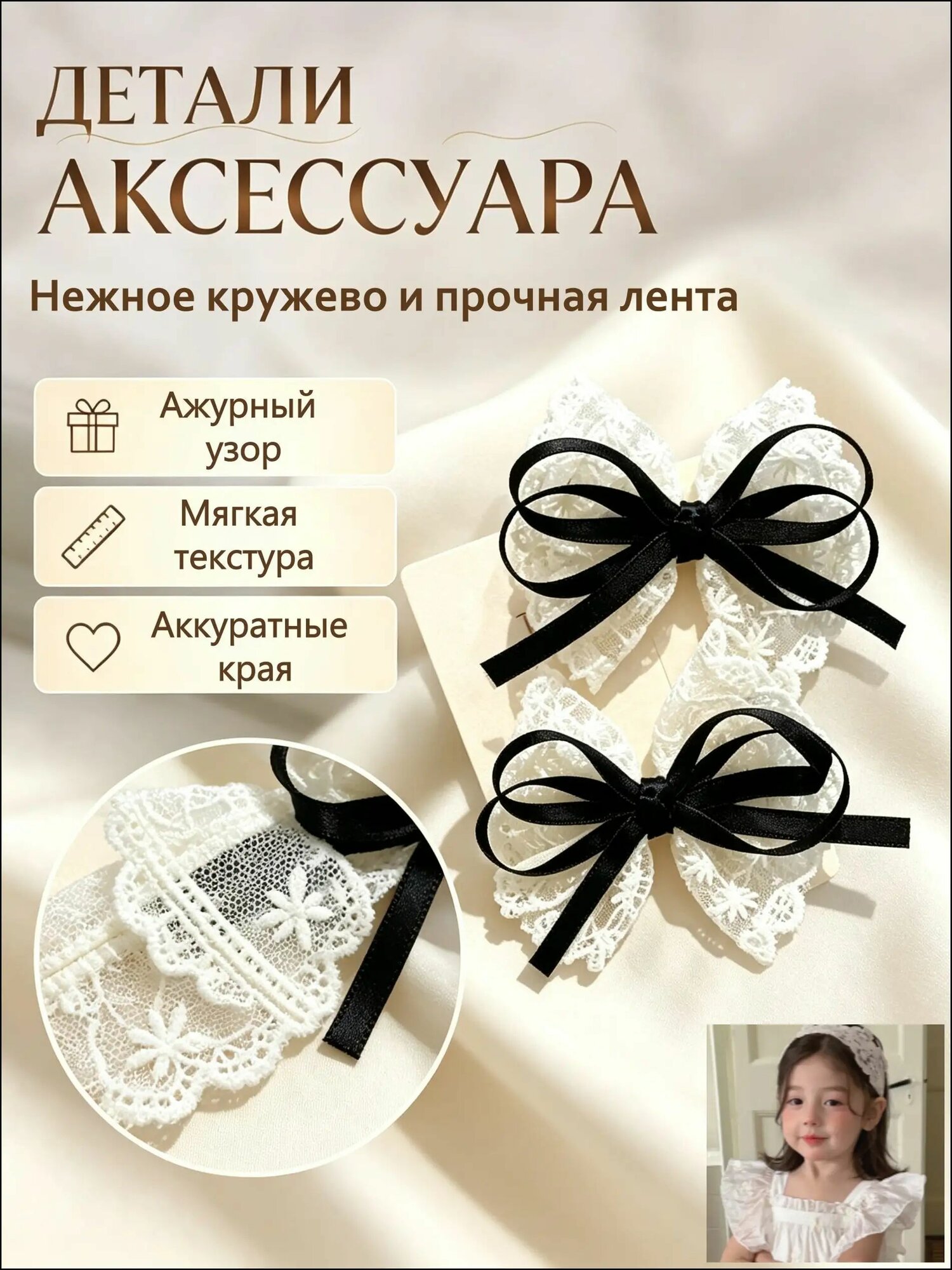 Бант для волос 2 шт. в наборе, милые заколки с кружевом для девочек, праздничный аксессуар для школы и фотосессий — фото 1