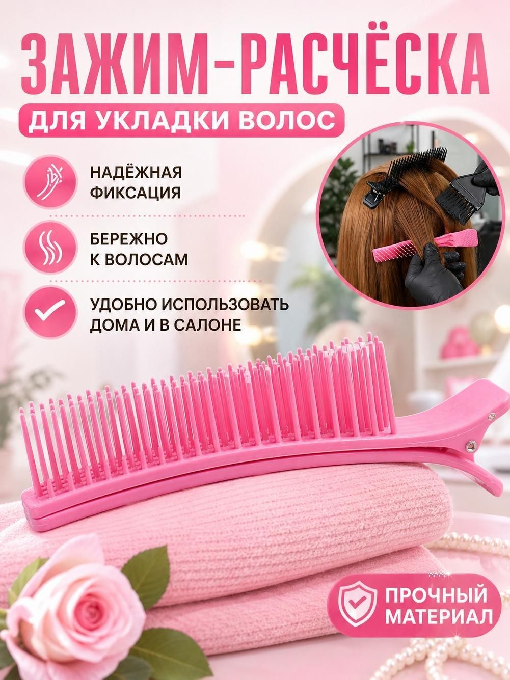 Парикмахерский зажим для волос, розовый, с зубчиками, 1 шт