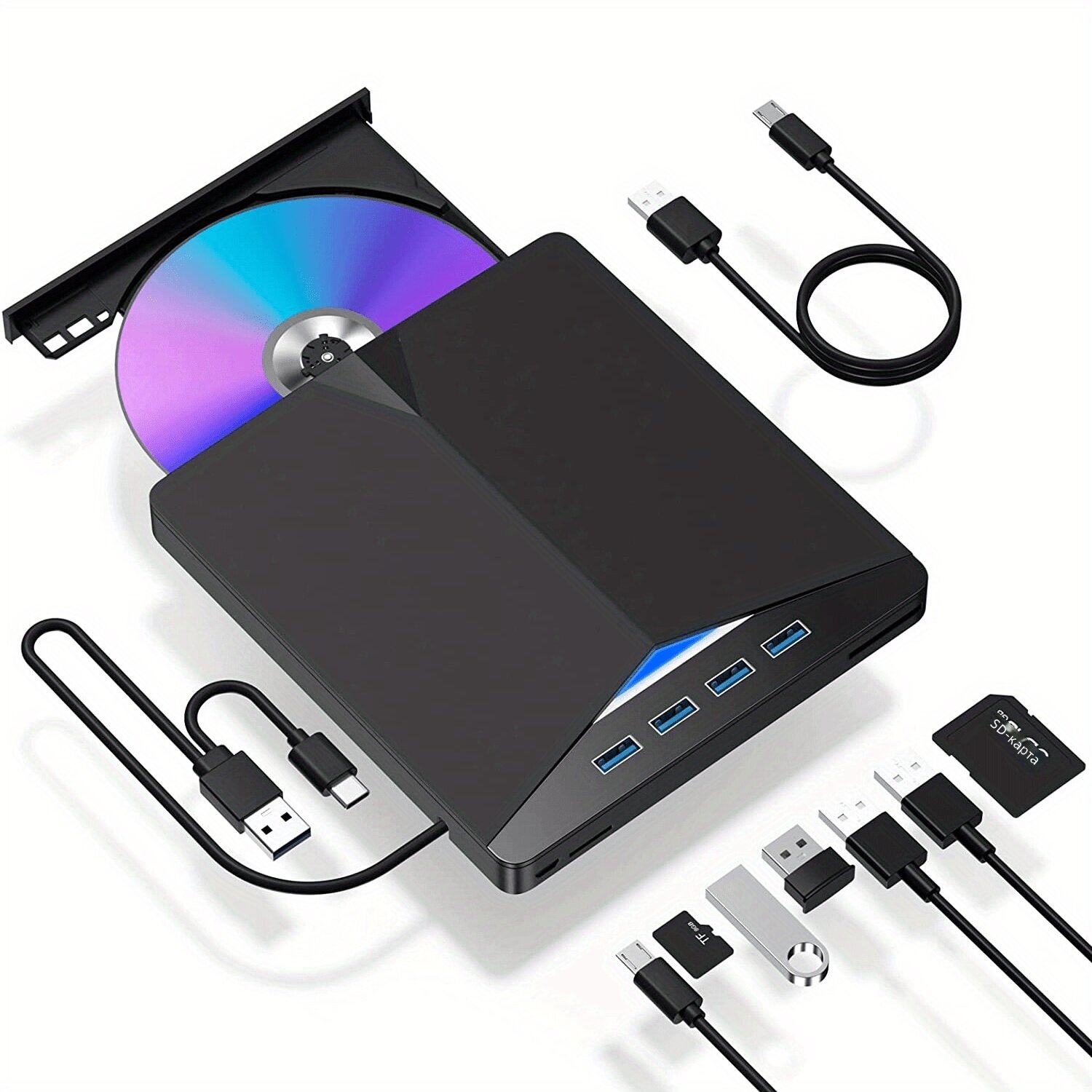 Внешний привод CD/DVD USB 3.0 портативный для ноутбука и ПК, 7 в 1, черный