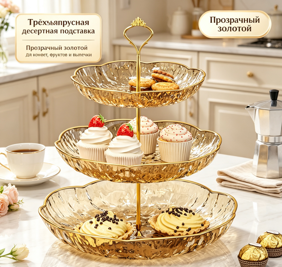 Роскошная многоярусная тарелка для фруктов с лепестками, отделанными золотой каймой, идеально подходит для хранения