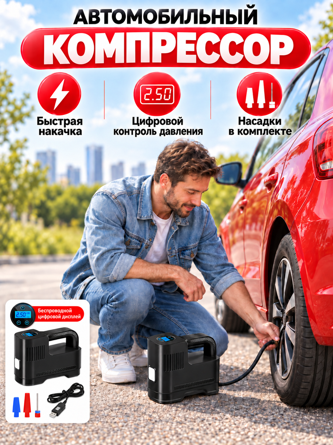 Компактный многофункциональный автомобильный насос для шин от прикуривателя 12В