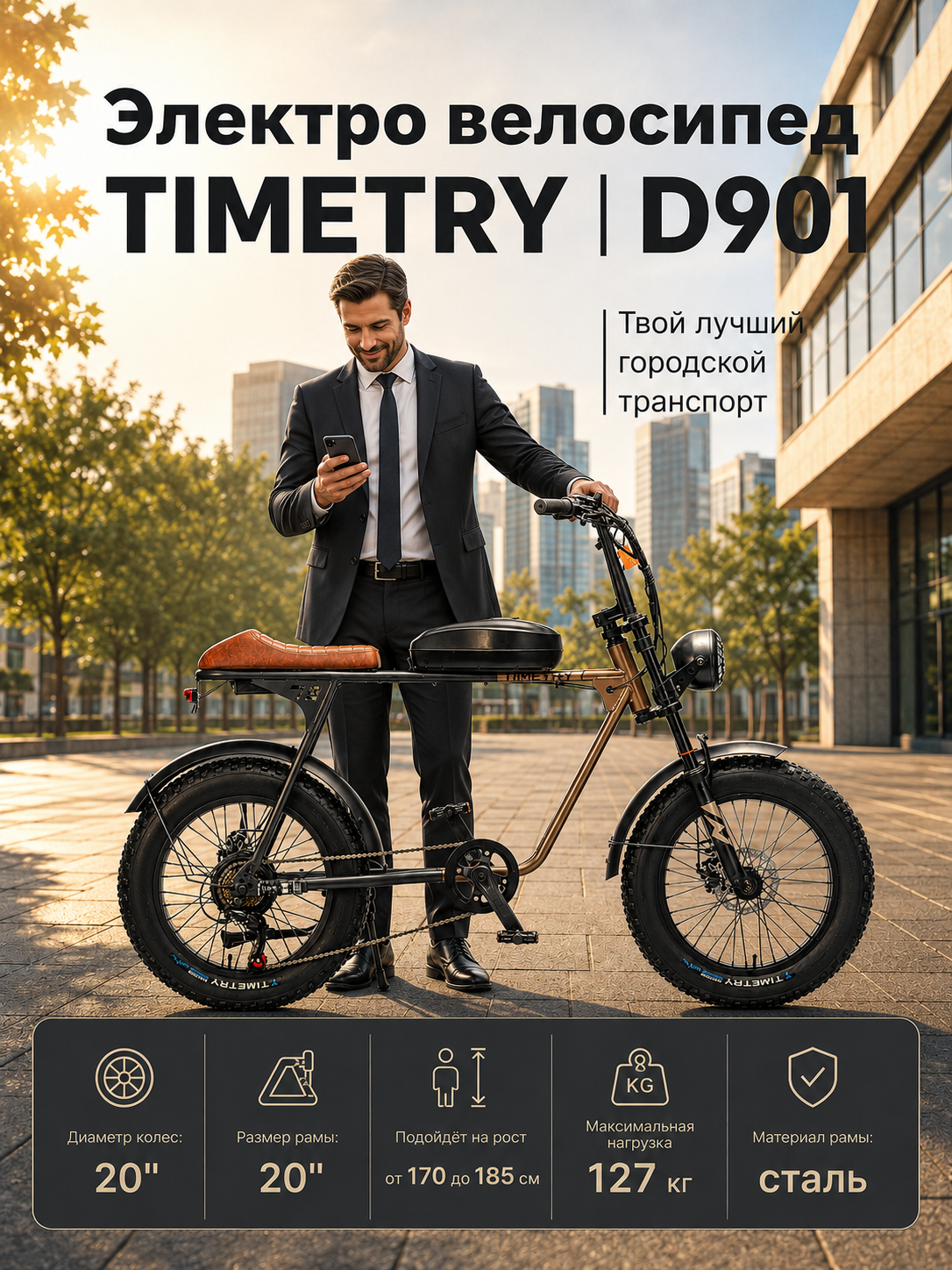 Электровелосипед BREND TIMETRY ORIGINAL D901, диаметр колес 20", 7 скоростей, стальная рама, золотой/черный