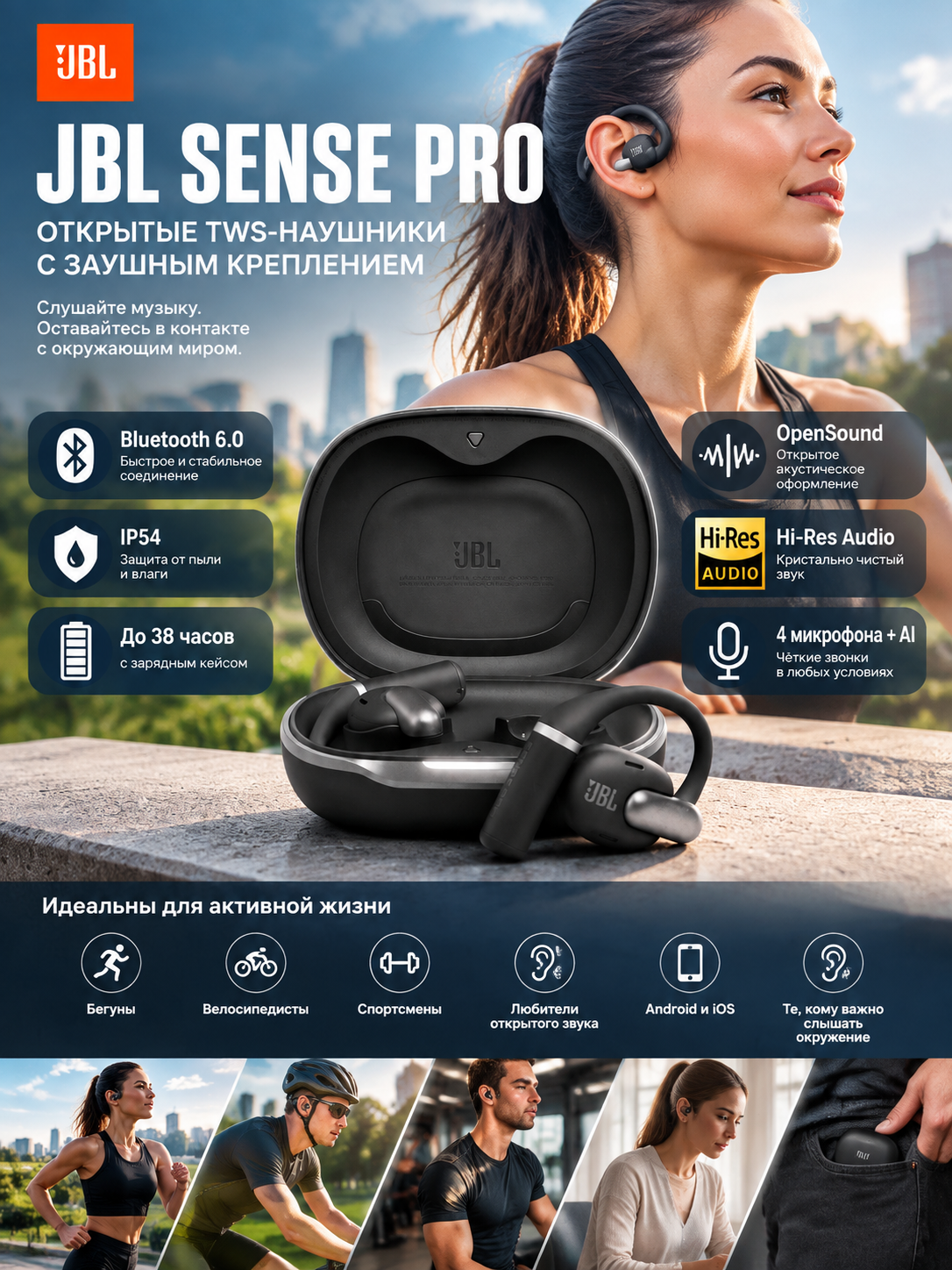 18-Хансен: открытые TWS-наушники с заушным креплением, Bluetooth 6.0, Hi-Res Audio, до 38 часов