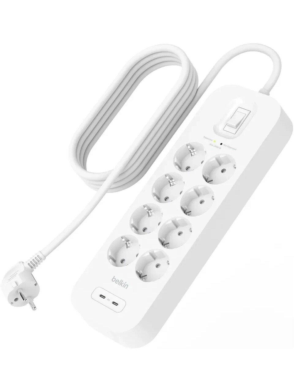 Сетевой фильтр Belkin 4X, 8 розеток, 2x USB-C PD, 900J, 2 метра, белый SRB004vf2M