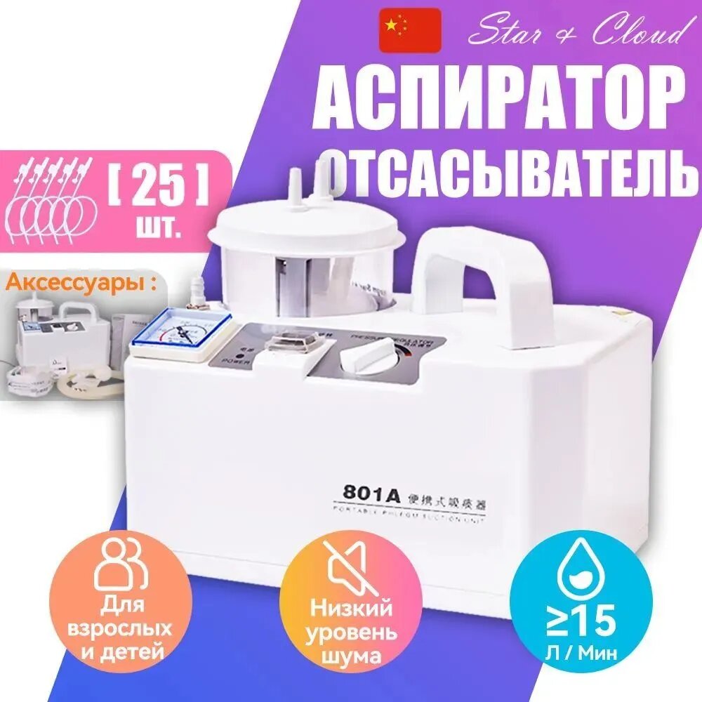 810A Аспиратор отсасыватель для взрослых и детей Производительность 17л/мин вакуумный электрический электроаспиратор портативный медицинский, автоматический назальный, хирургический