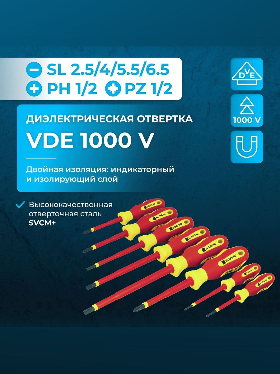 Набор диэлектрических отверток NORGAU Industrial из SVCM+ стали с двухкомпонентной рукояткой и магнитным жалом, 1000 V, 8 шт