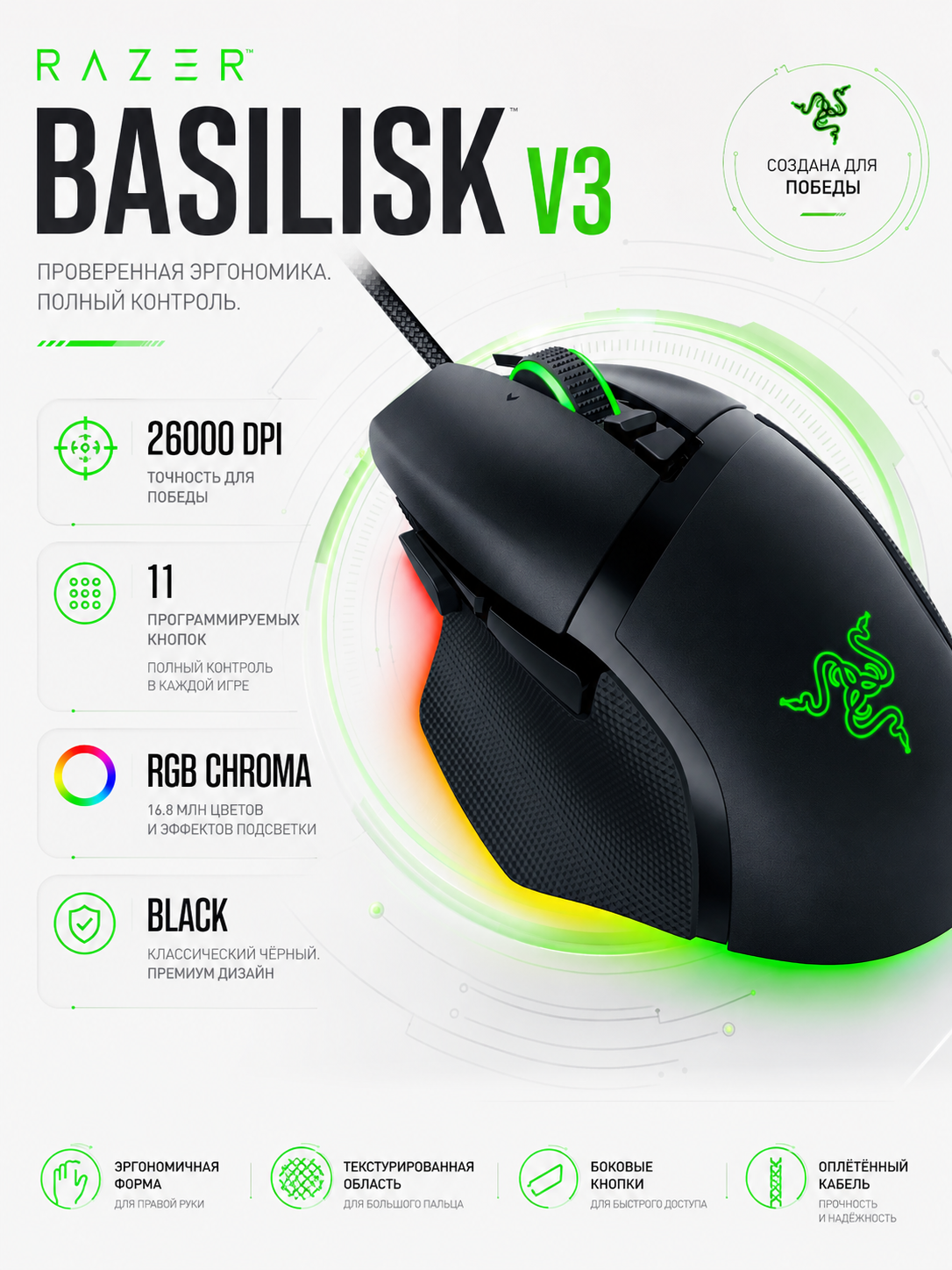 Игровая мышь Razer Basilisk V3 RZ01-04000100-R3M1, 26000 DPI, 11 программируемых кнопок, RGB Chroma, Black